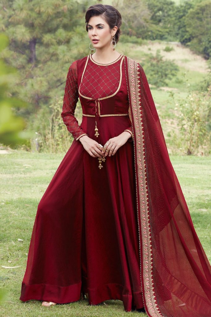 Samyakk - Maroon Bead Embroidered Silk Designer Salwar Kameez - Samyakk: Sarees | Sherwani ...