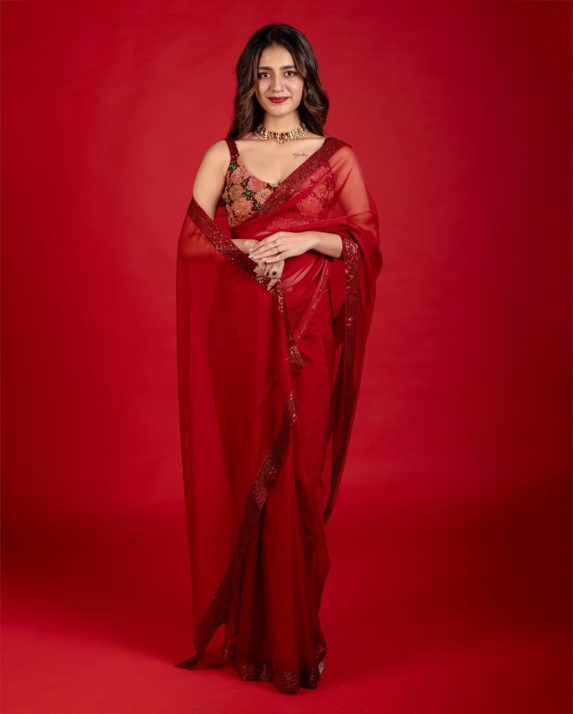Priya Prakash Varrier in Red designer Saree - Samyakk: Sarees ...